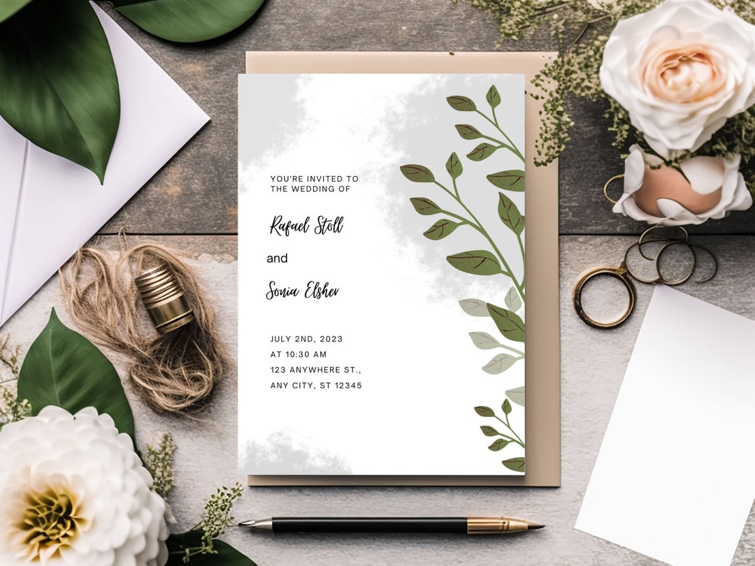 Green Leaves Wedding Invitation Template, Greenary Wedding Invitation, Printable Invitation ...