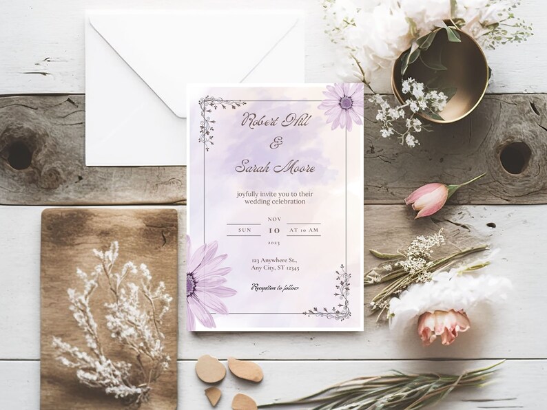 Purple Wedding Invitation, Floral Wedding Invitation, Printable ...