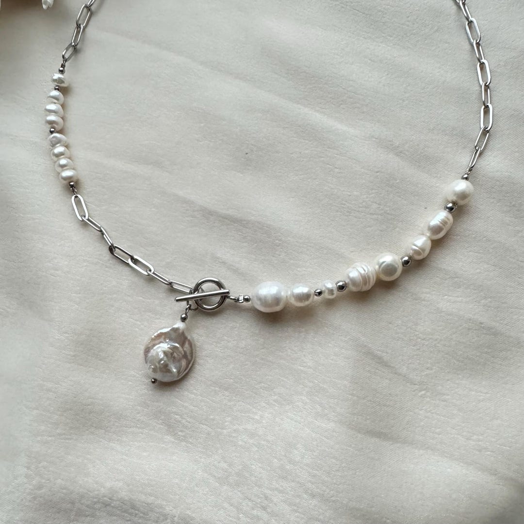 Half Pearl Half Silver Necklace, Half Pearl Half Chain Necklace, Pearl ...