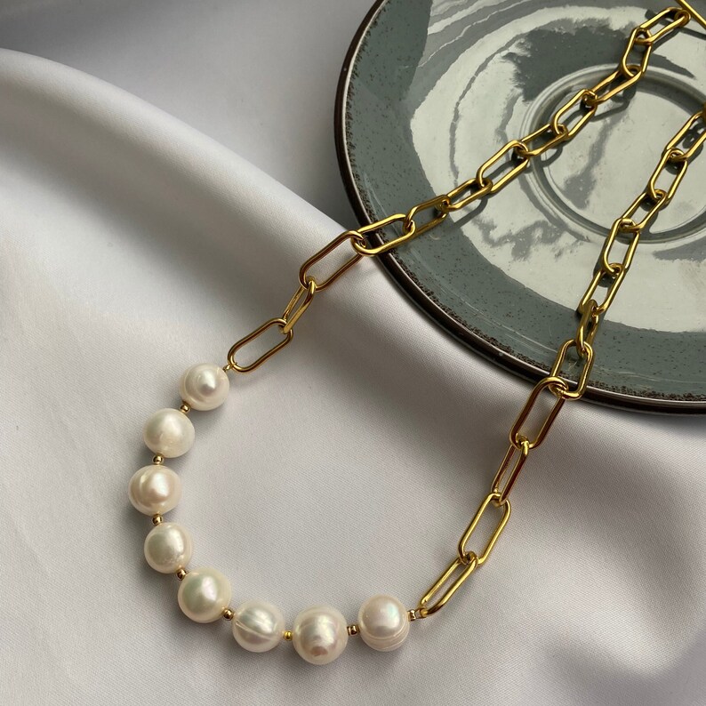 Half Pearl Half Paperclip Chain Necklace, Beaded Gold Choker, Baroque ...