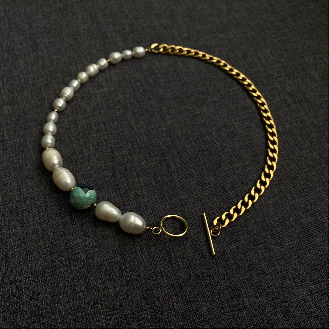 Half Pearl Cuban Chain Necklace: Agate Charm, Stainless Steel - Etsy