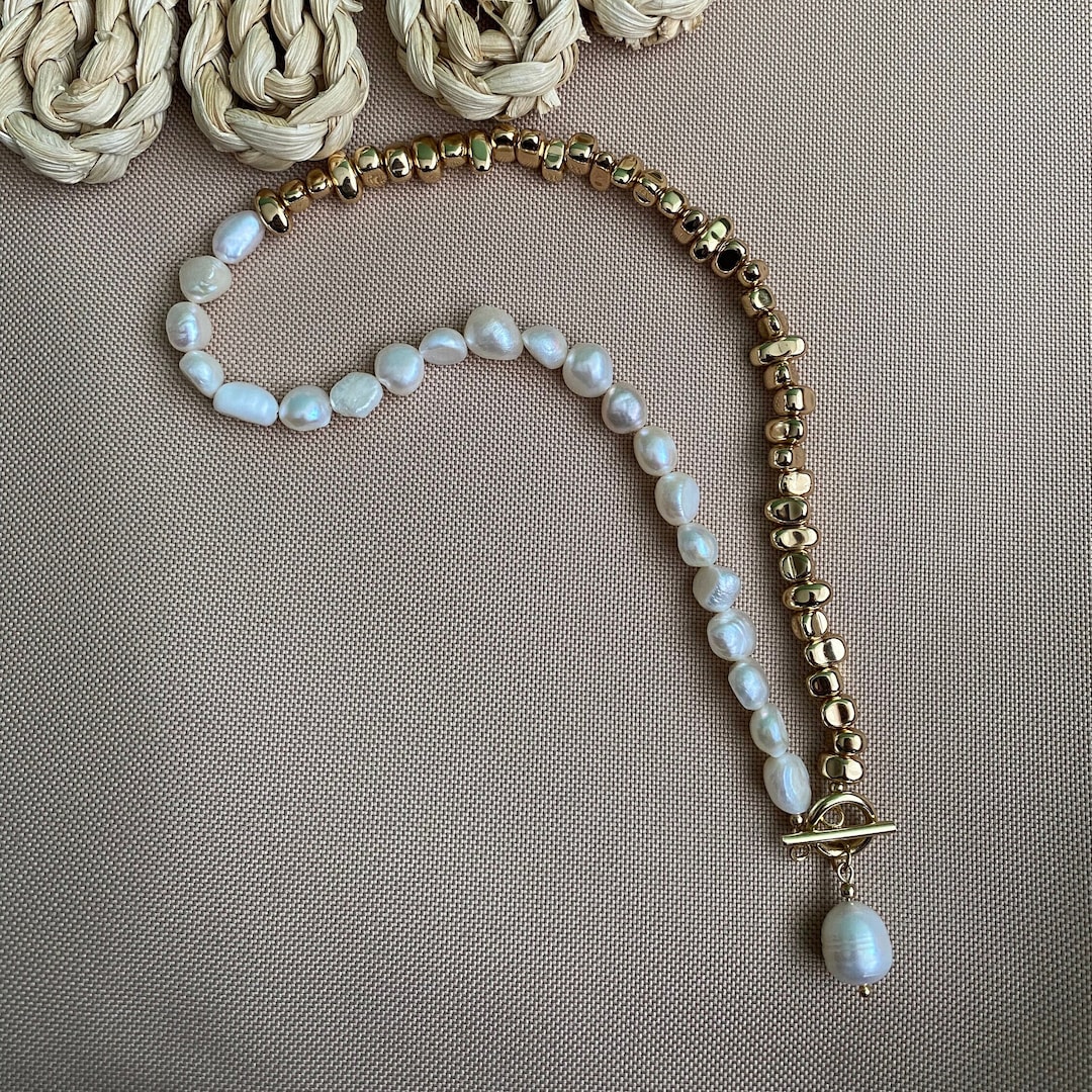 Half Gold Half Pearl Necklace, Baroque Pearl Necklace, Pearl Choker ...