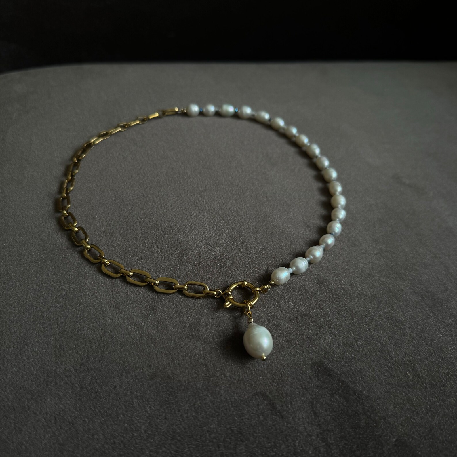 Half Pearl Half Gold Necklace, Half Pearl Half Chain Necklace, Pearl ...