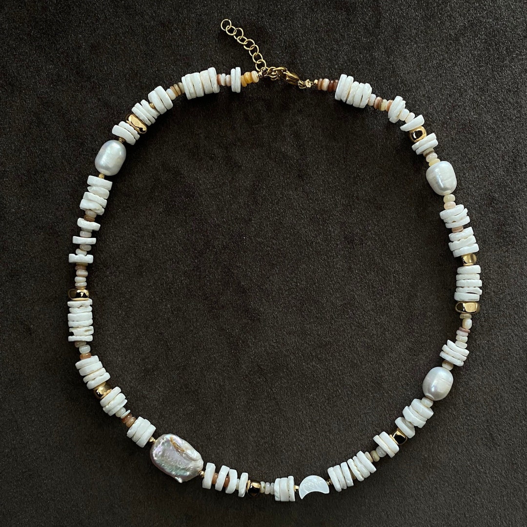 White Puka Shell Choker: Beaded Pearl Necklace With Gold Accents - Etsy