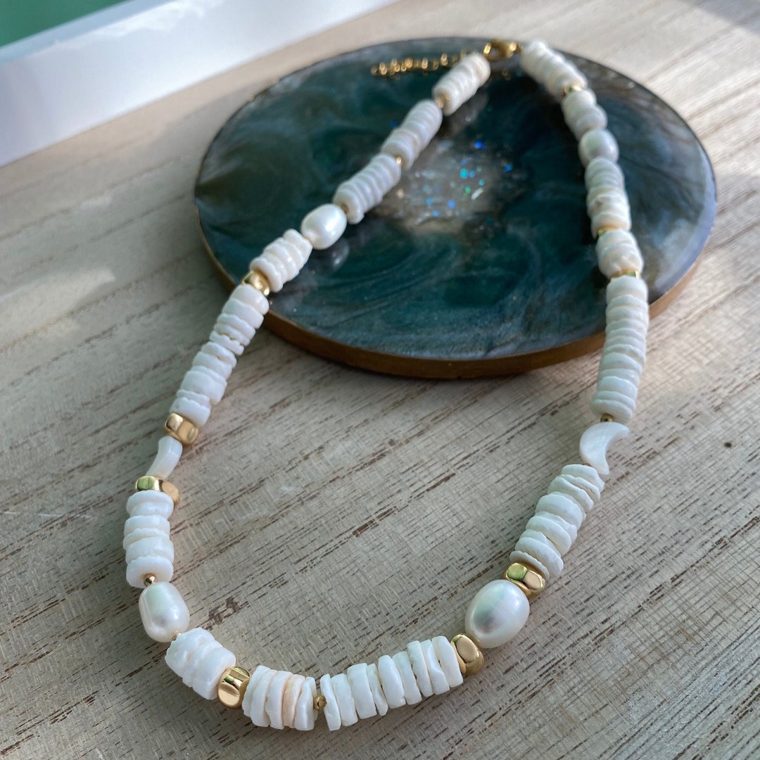 Puka Shell Necklace, Surfer White Shell Necklace, Pearl and Shell ...