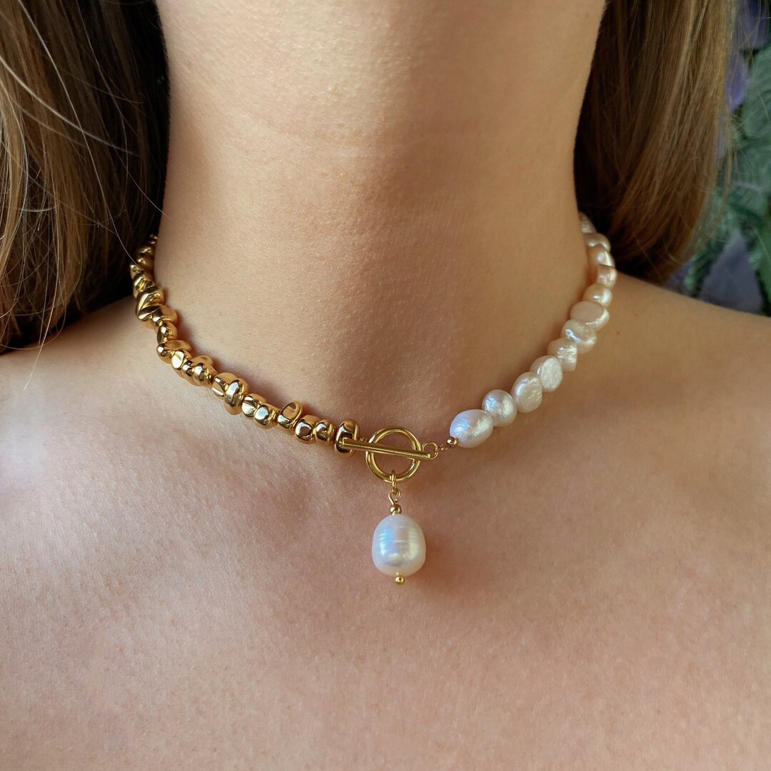Half Gold Half Pearl Necklace, Baroque Pearl Necklace, Pearl Choker ...