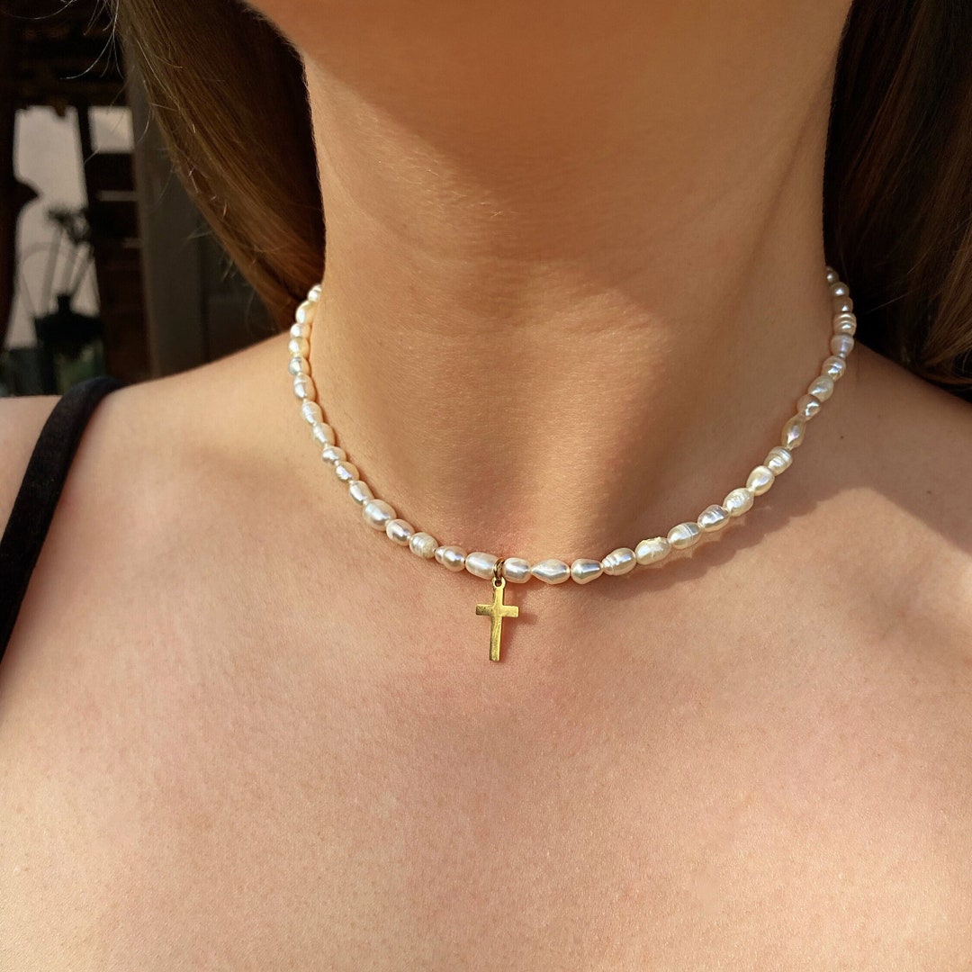 Pearl Cross Necklace Gold, Pearl Necklace With Crosses, Baroque Pearl ...