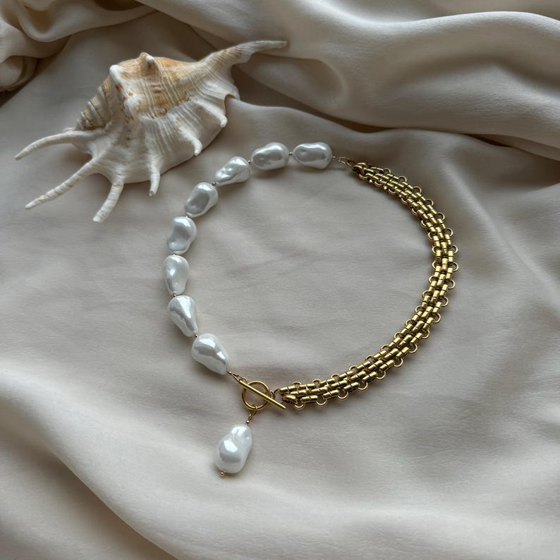 Half Chain Half Pearl Necklace, Large Pearl Necklace, Half Gold Half ...