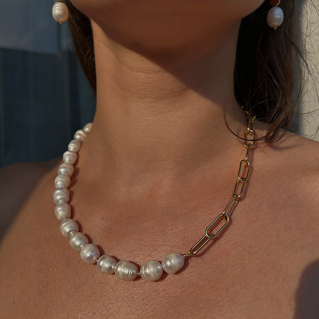Large Baroque Pearl Choker, Half Pearl Half Paperclip Chain Necklace ...