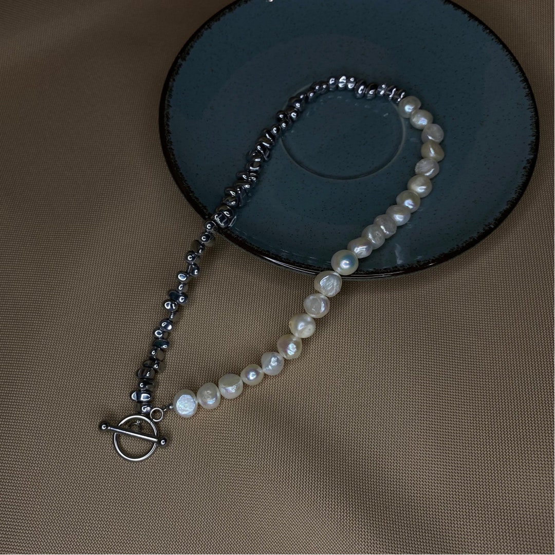 Half Pearl Necklace, Half Pearl Half Silver Necklace, Dainty Pearl ...