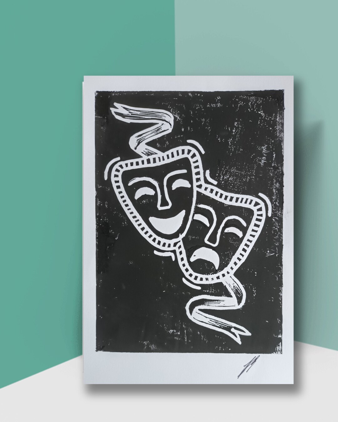 Theatre Maskslinocut A4 Unframed Print | Art Print | Tragedy and Comedy ...