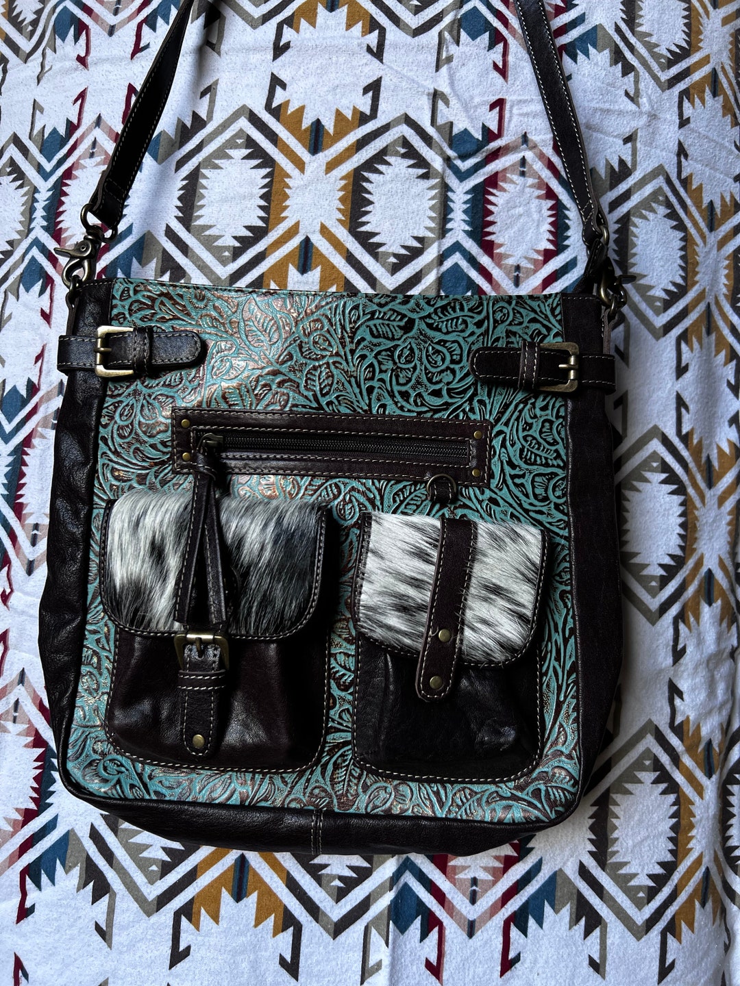 Large Turquoise and Black Tooled Leather Handbag - Etsy