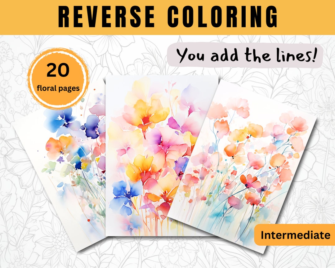 Floral Reverse Coloring Pages, Bundle 20 Flower Motifs, Instant ...