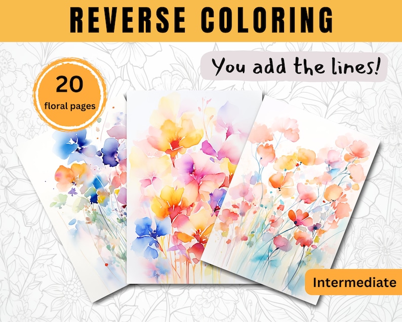 Floral Reverse Coloring Pages, Bundle 20 Flower Motifs, Instant ...