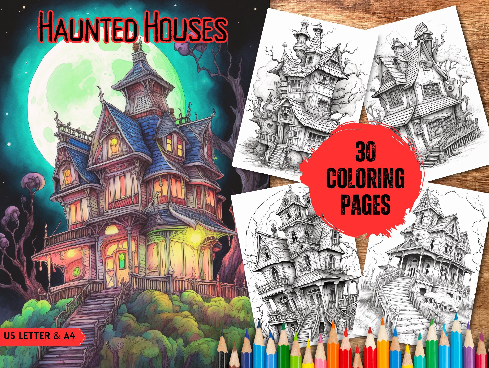 30 Haunted House Coloring Pages, Halloween Printables, Spooky Season ...