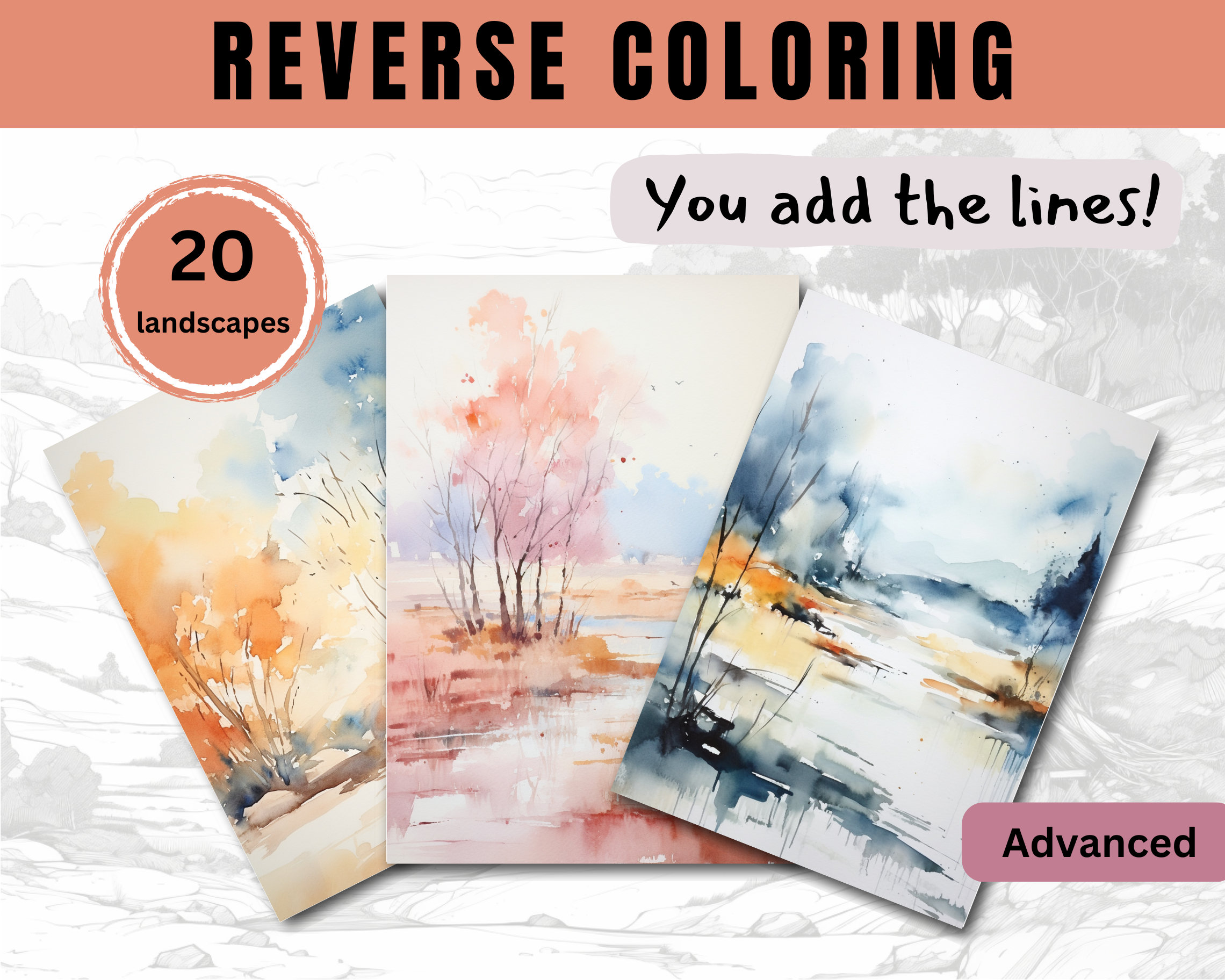 Landscape Reverse Coloring Pages, Bundle 20 Flower Motifs, Instant ...