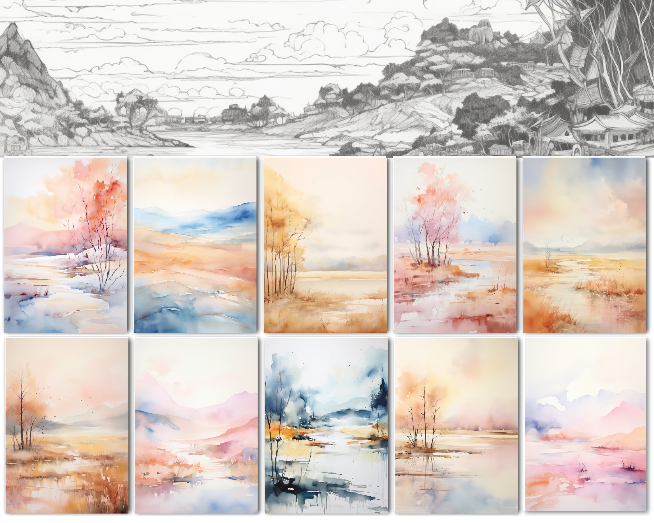 Landscape Reverse Coloring Pages, Bundle 20 Flower Motifs, Instant ...