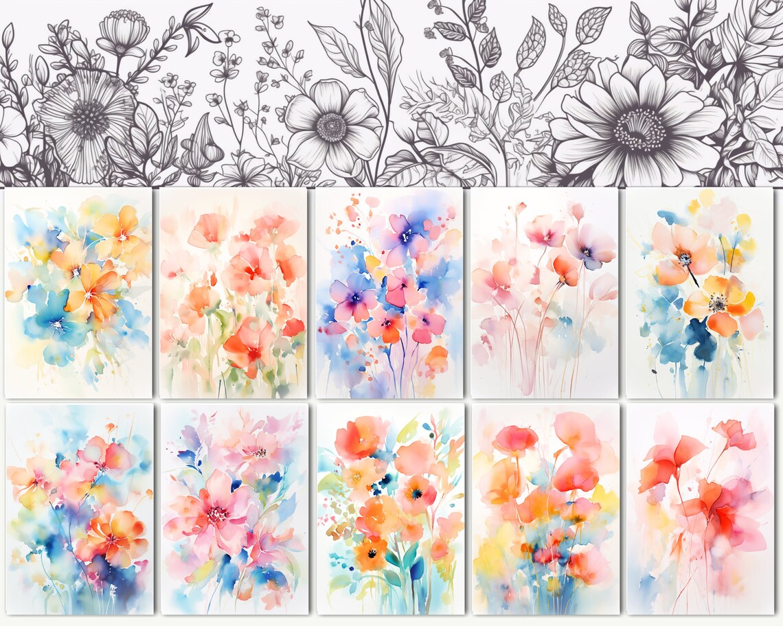 Floral Reverse Coloring Pages, Bundle 20 Flower Motifs, Instant ...