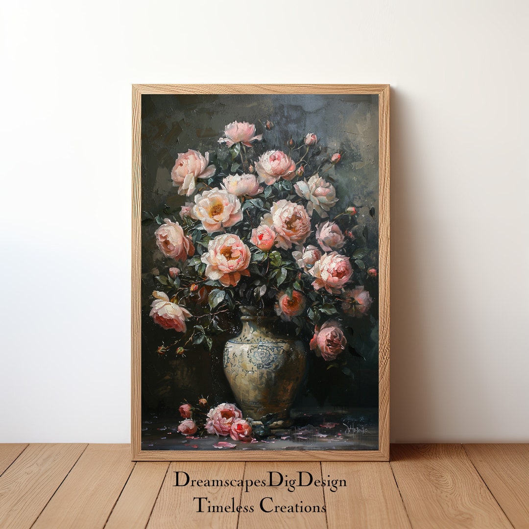 Timeless Pink Rose Arrangement in Ornate Vase Printable Wall Art ...
