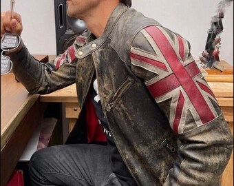 Men's Motorcycle Vintage Racer Union Jack Real Leather Distressed ...