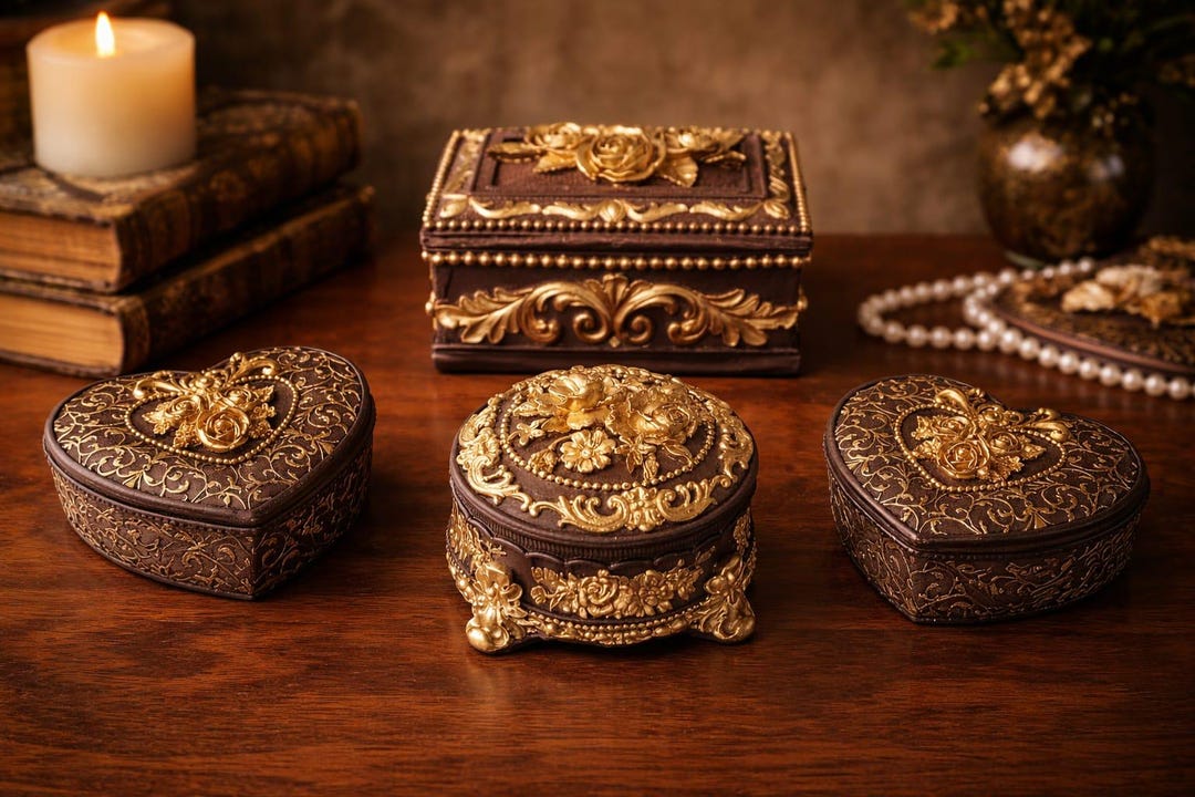 Vintage Jewelry Box Set, Decorative Trinket Box, Baroque Gold Floral ...