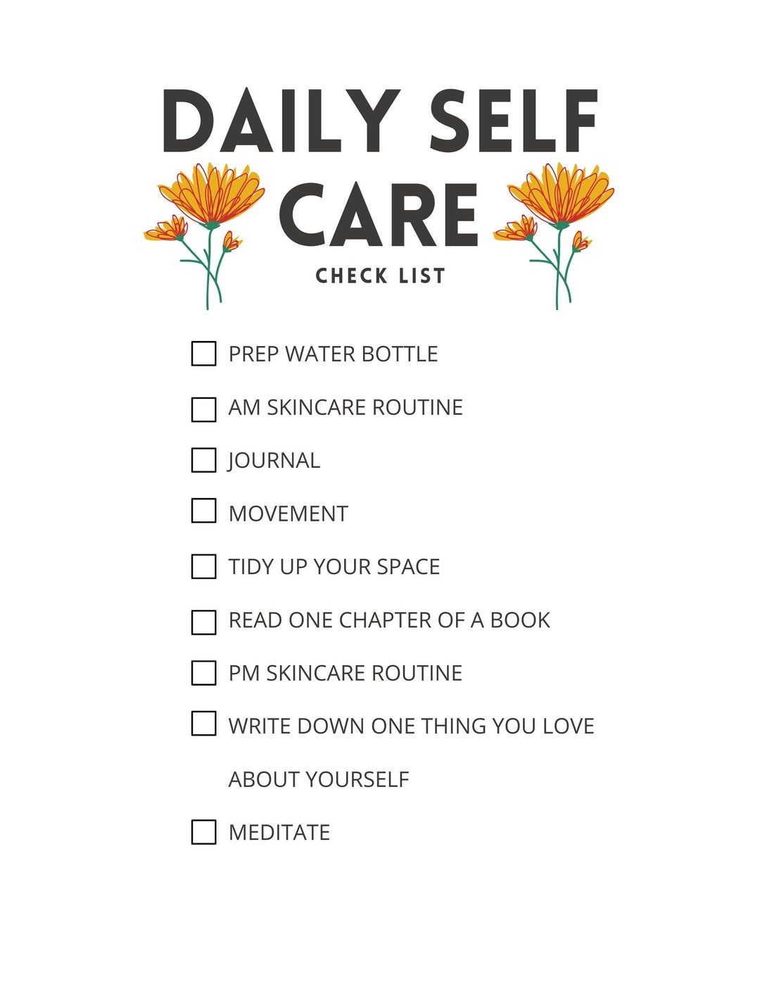 Simple Daily Self Care Checklist Daily Wellbeing Printable Mental