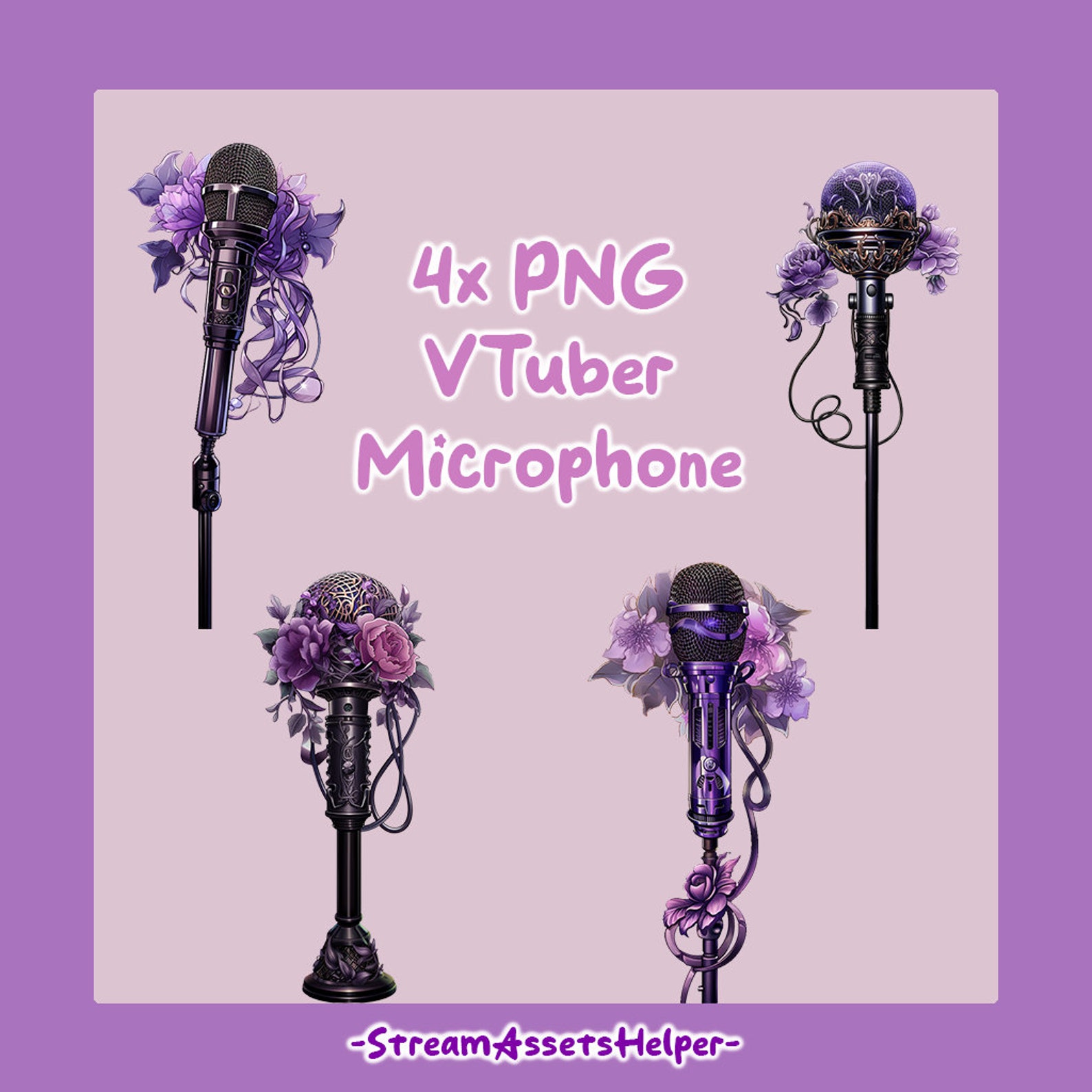 4X Purple Floral Microphone for Vtubers , Vtube Streaming Assets ...