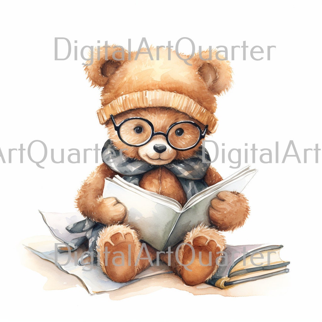 Set of Bear Png, Baby Bear Reading, Cute Bear Reading a Book, Clip Art ...