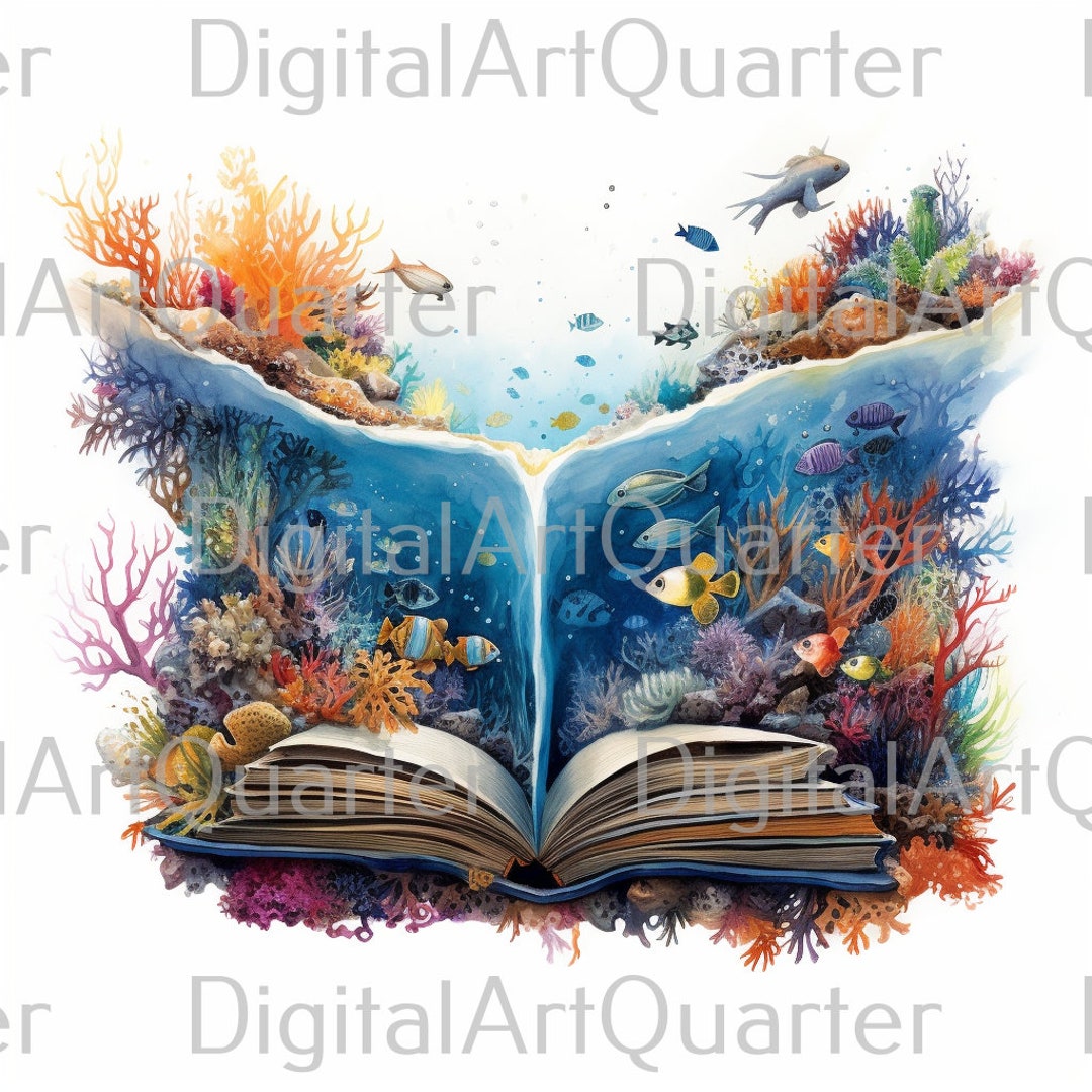 5 Different Book Motifs, Underwater, Corals and Fish, Watercolor ...
