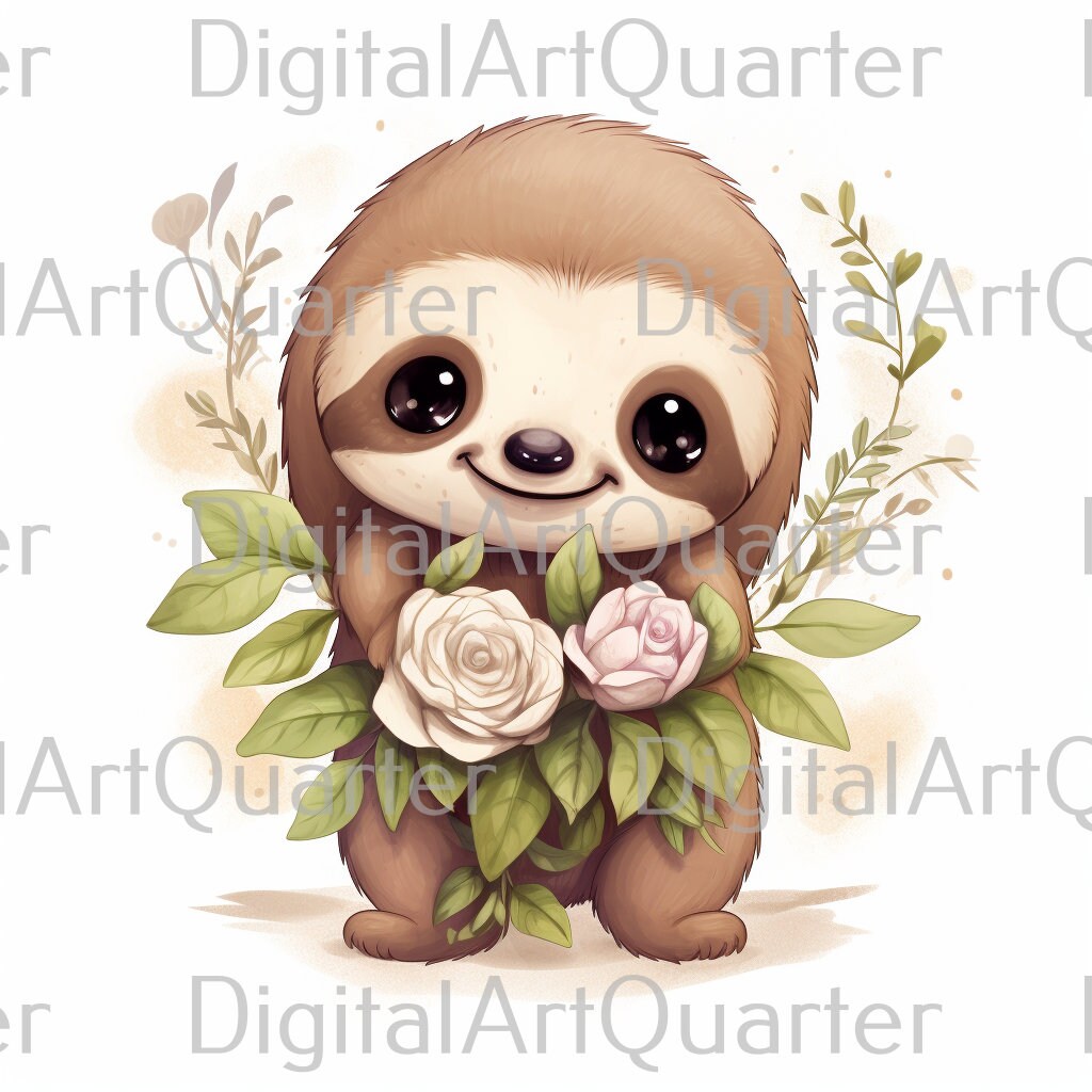 5 Different Kawaii Chibi Sloth Motifs Watercolor Png Drawing - Etsy