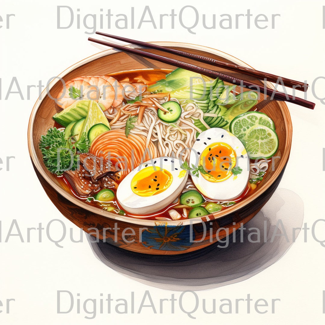 5 Different Japanese Ramen Motifs, High Contrast, Watercolor Drawing ...