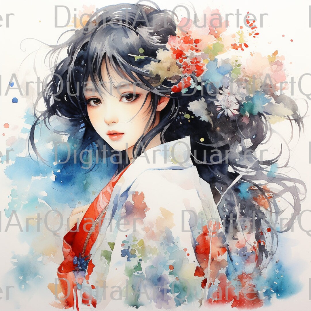5 Different Anime Girl Motifs, Watercolor Png, Drawing as Digital ...