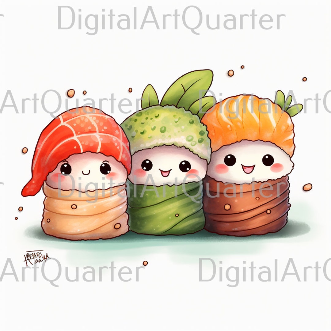 5x Cute Kawaii Sushi Rolls, Watercolor Drawing, Food, 4k Clip Art ...