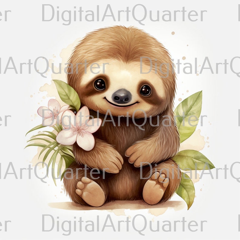 5 Different Kawaii Chibi Sloth Motifs Watercolor Png Drawing - Etsy