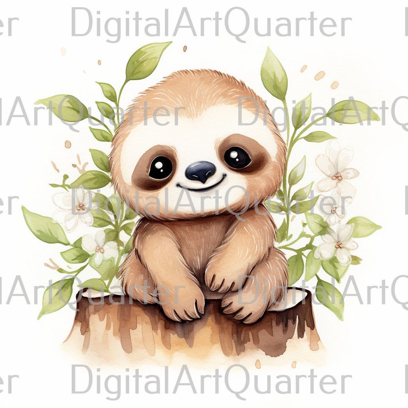 5 Different Kawaii Chibi Sloth Motifs Watercolor Png Drawing - Etsy