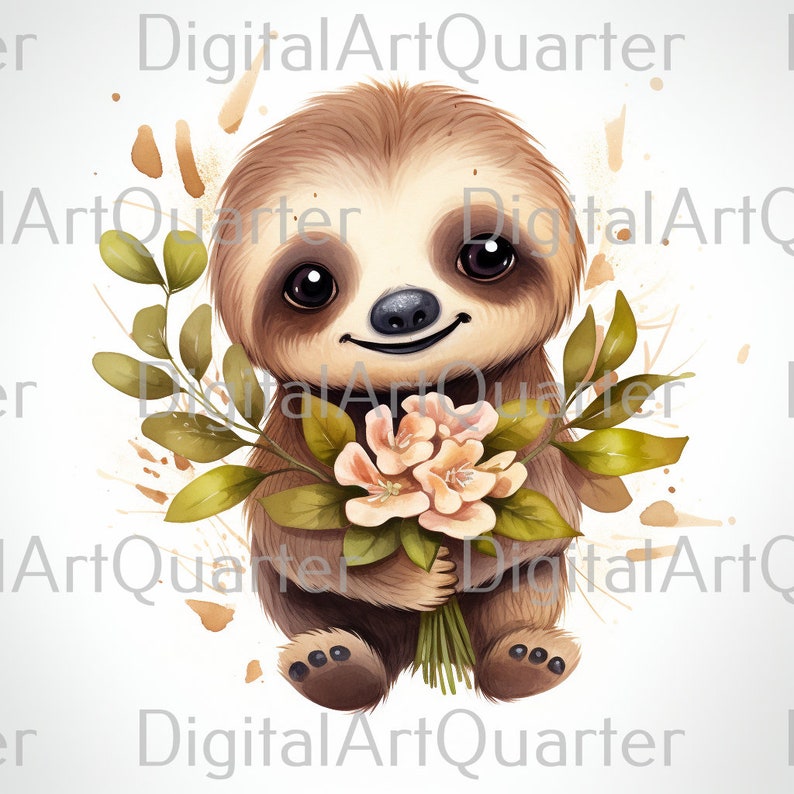 5 Different Kawaii Chibi Sloth Motifs Watercolor Png Drawing - Etsy