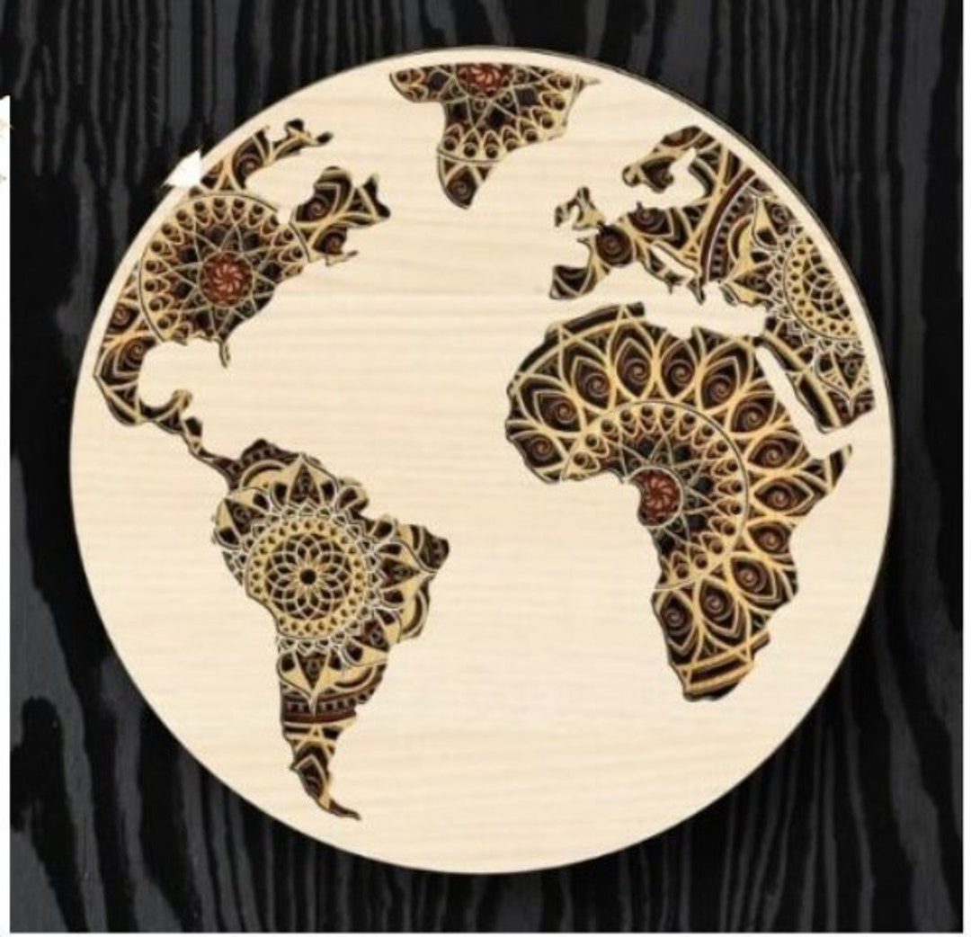 Wooden Dxf Map Model Wood World Map Mandala Drawing Files for Laser ...