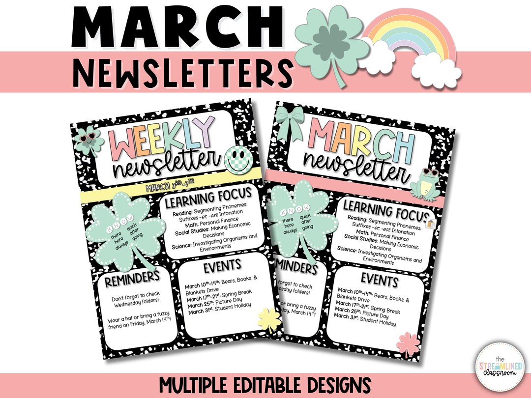 March Newsletter Templates - Weekly or Monthly Editable Classroom ...