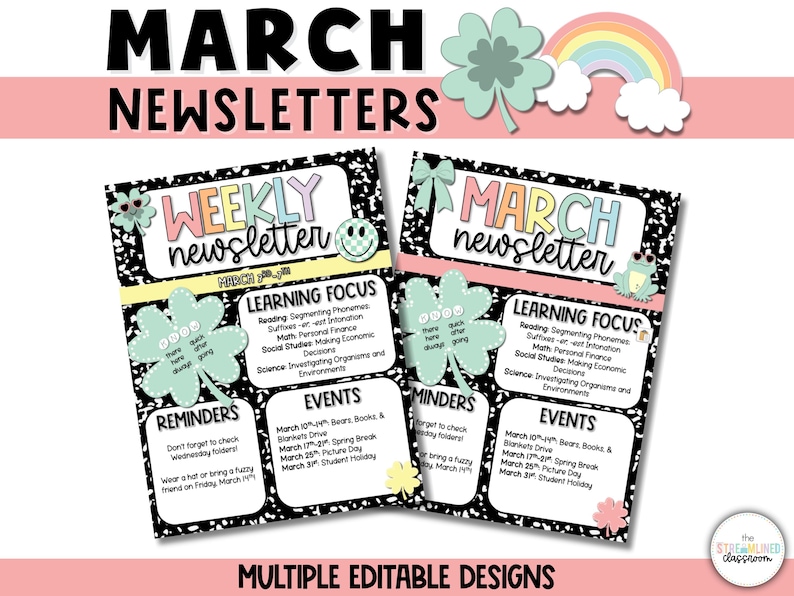 March Newsletter Templates - Weekly or Monthly Editable Classroom ...