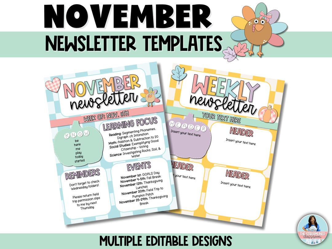 November Newsletter Template Monthly or Weekly Editable Classroom ...