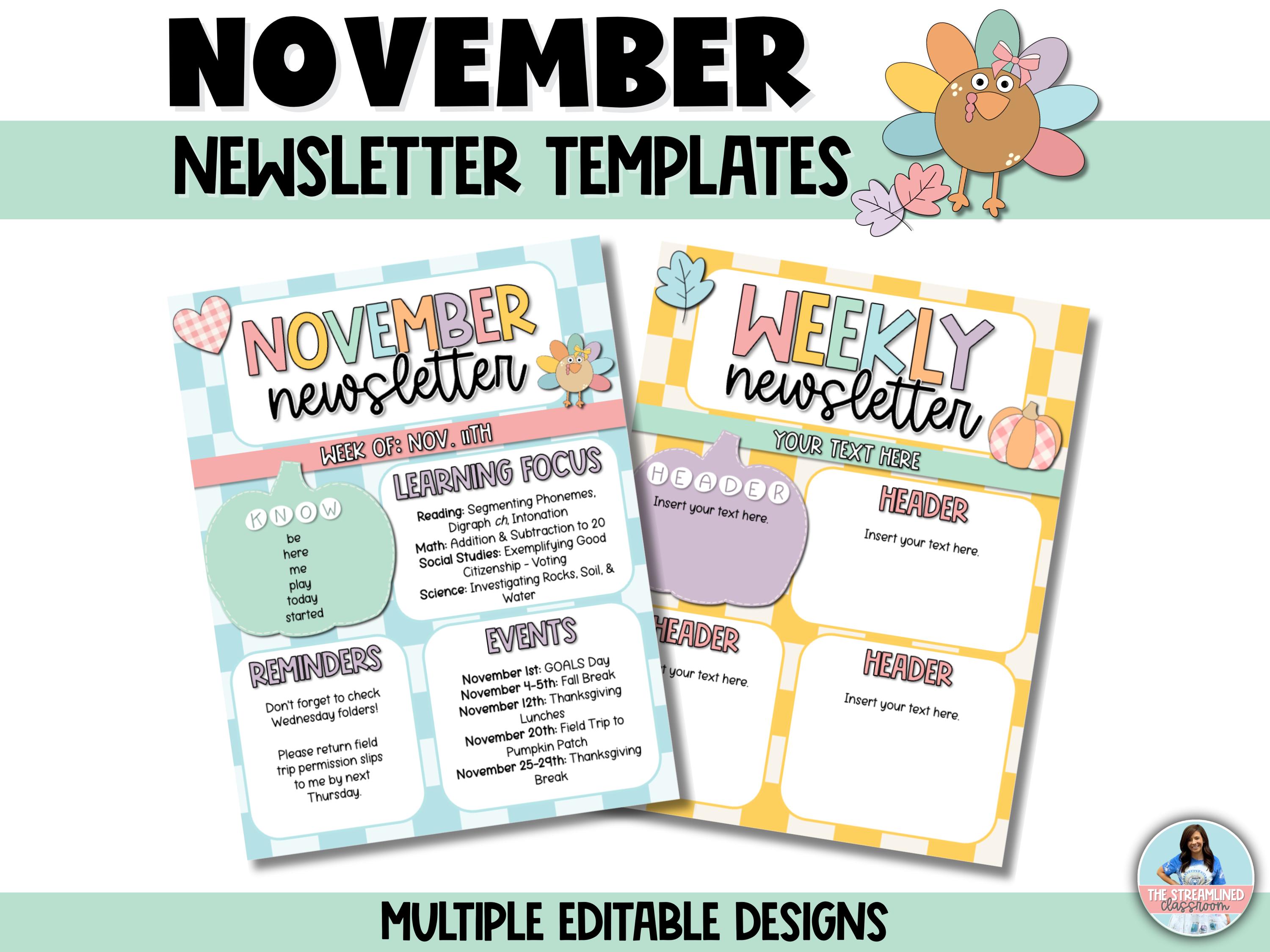 November Newsletter Template - Monthly or Weekly Editable Classroom ...