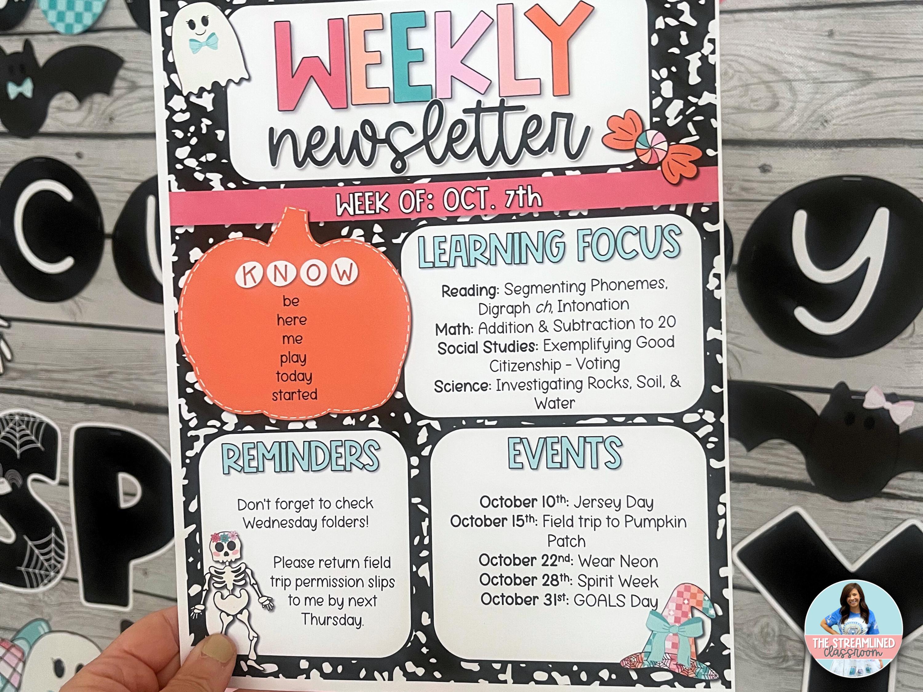 October Newsletter Template - Monthly or Weekly Editable Classroom ...