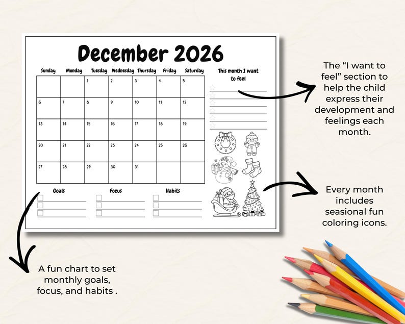 2026 Kids Coloring Calendar Printable PDF, Monthly Planner for Kids ...