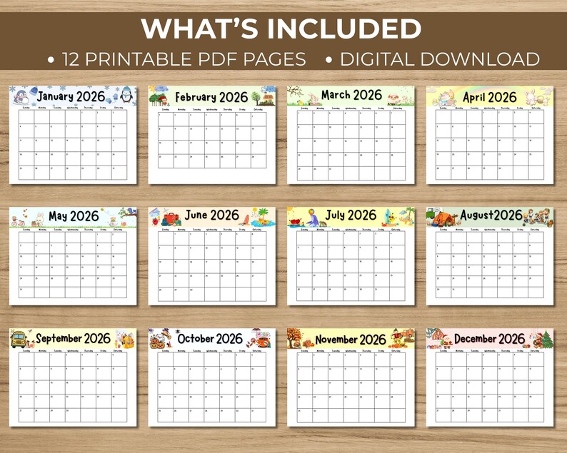 2026 Calendar Printable for Kids, Cute Monthly Homeschool Planner, Kids ...