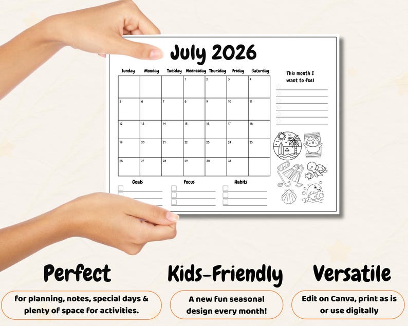 2026 Kids Coloring Calendar Printable PDF, Monthly Planner for Kids ...