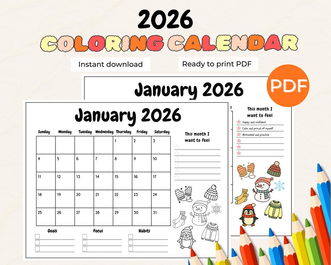 2026 Kids Coloring Calendar Printable PDF, Monthly Planner for Kids ...