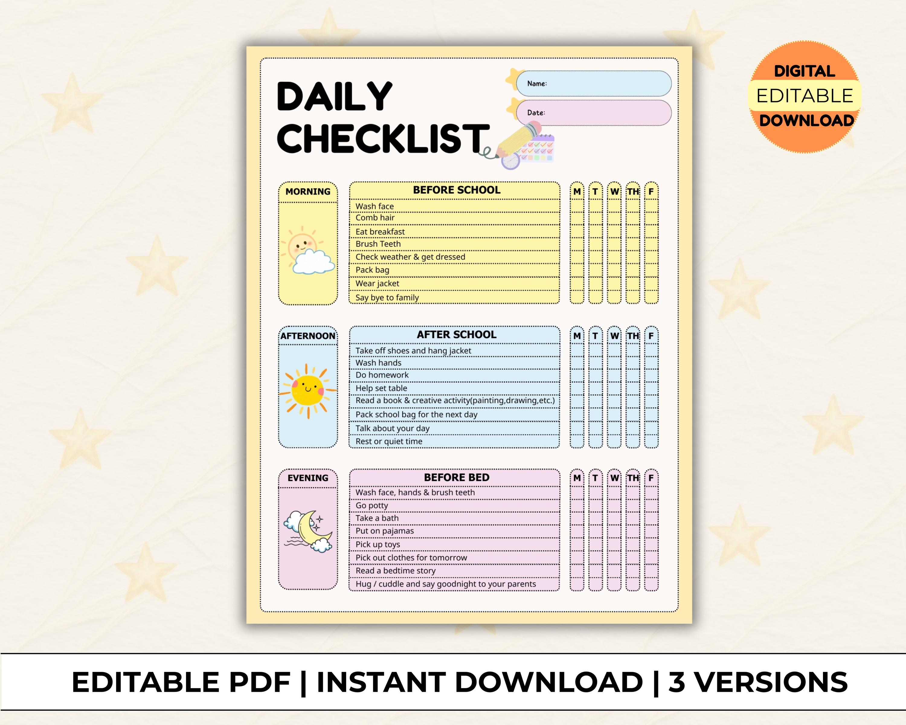 Kids Daily Checklist Printable, Before and After School Routine Chart ...