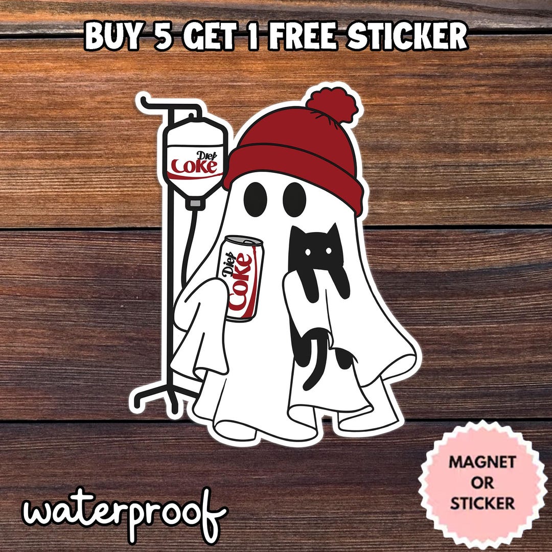 Ghost With Diet Soda and Cat Sticker, Funny Halloween Vinyl Decal ...