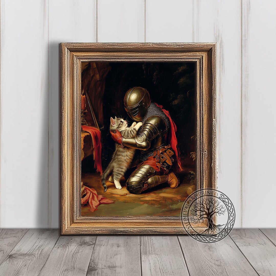 Medieval Knight Hugging Cat Printable Art, Antique Oil Painting ...