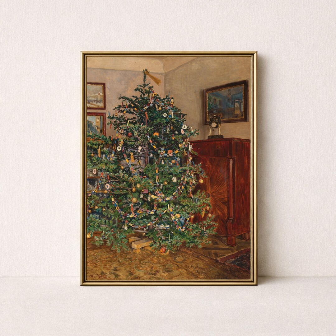 Vintage Cottagecore Wall Art Printable, Decorated Christmas Tree ...